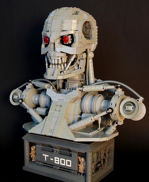 Terminator T-800 bust constructed out of Lego bricks
